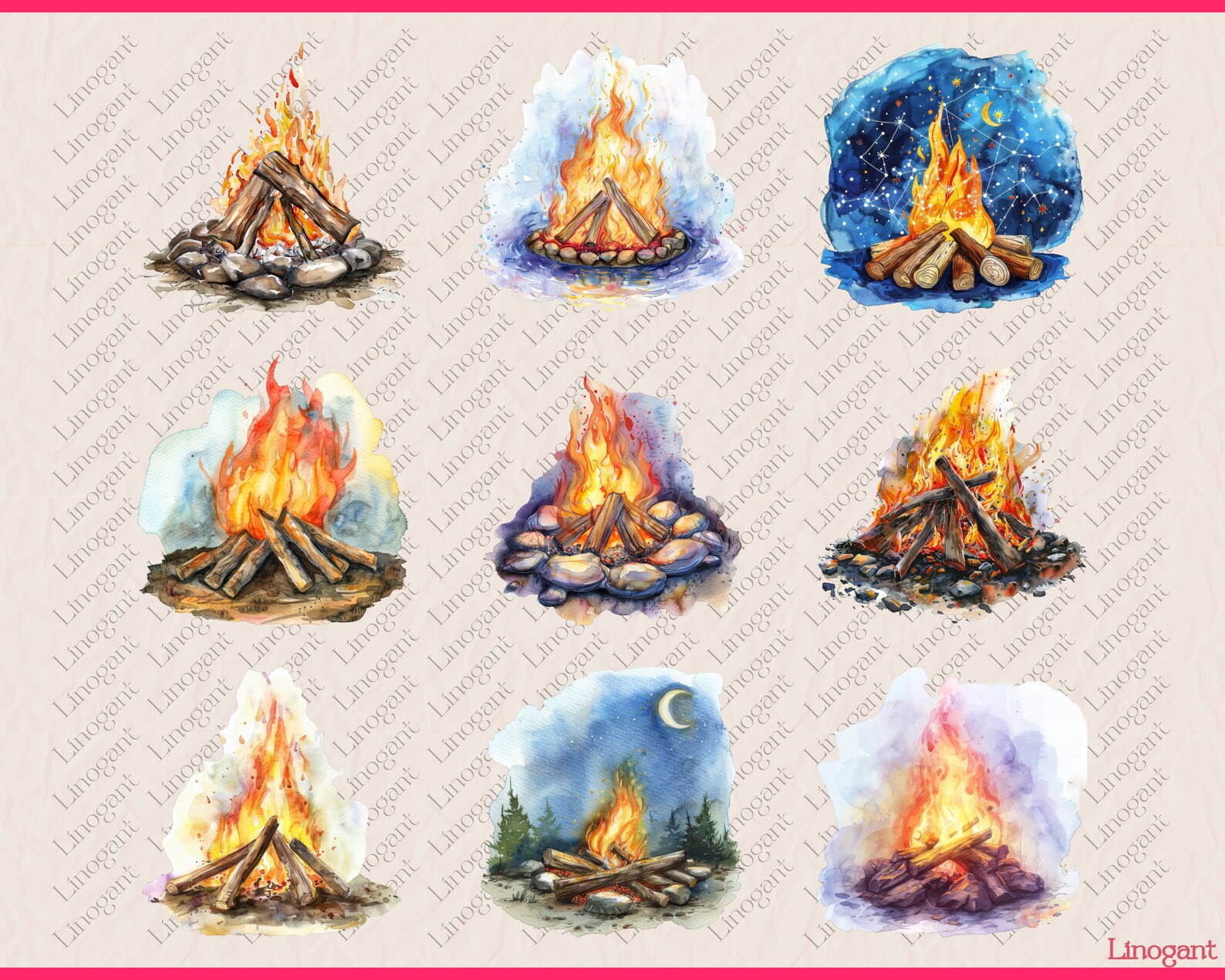 Watercolor Campfire Clipart Bundle, Camp Gear Clip Art Set, Camp Fire ...