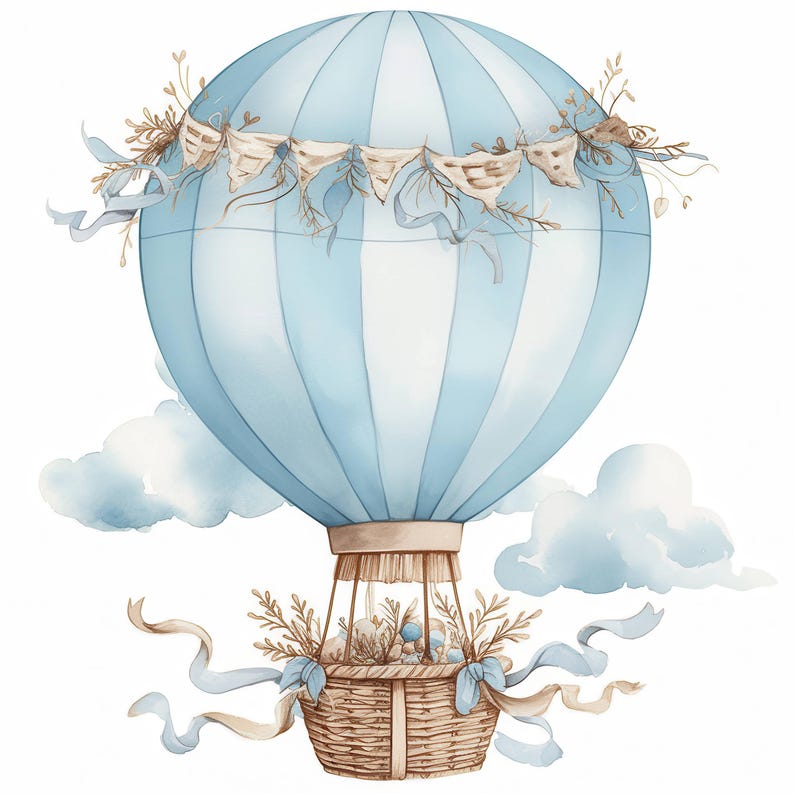 11 Baby Blue Hot Air Balloon Clipart Bundle, Dreamy Nursery ...