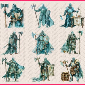 36 PNG Watercolor Medieval Knights With Axe, Teal Clipart Bundle ...