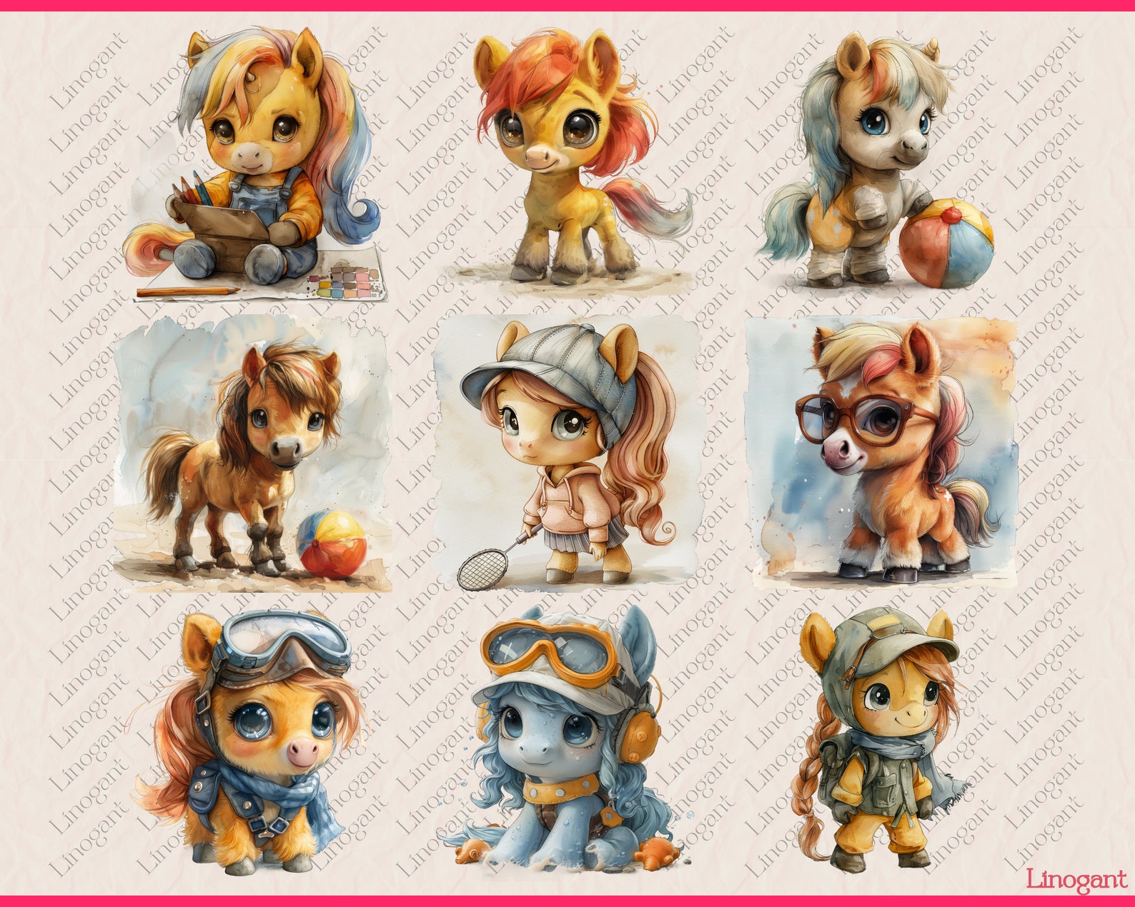 Watercolor Summer Pony Clipart Bundle, Ponies Clip Art Set, Baby Horse ...