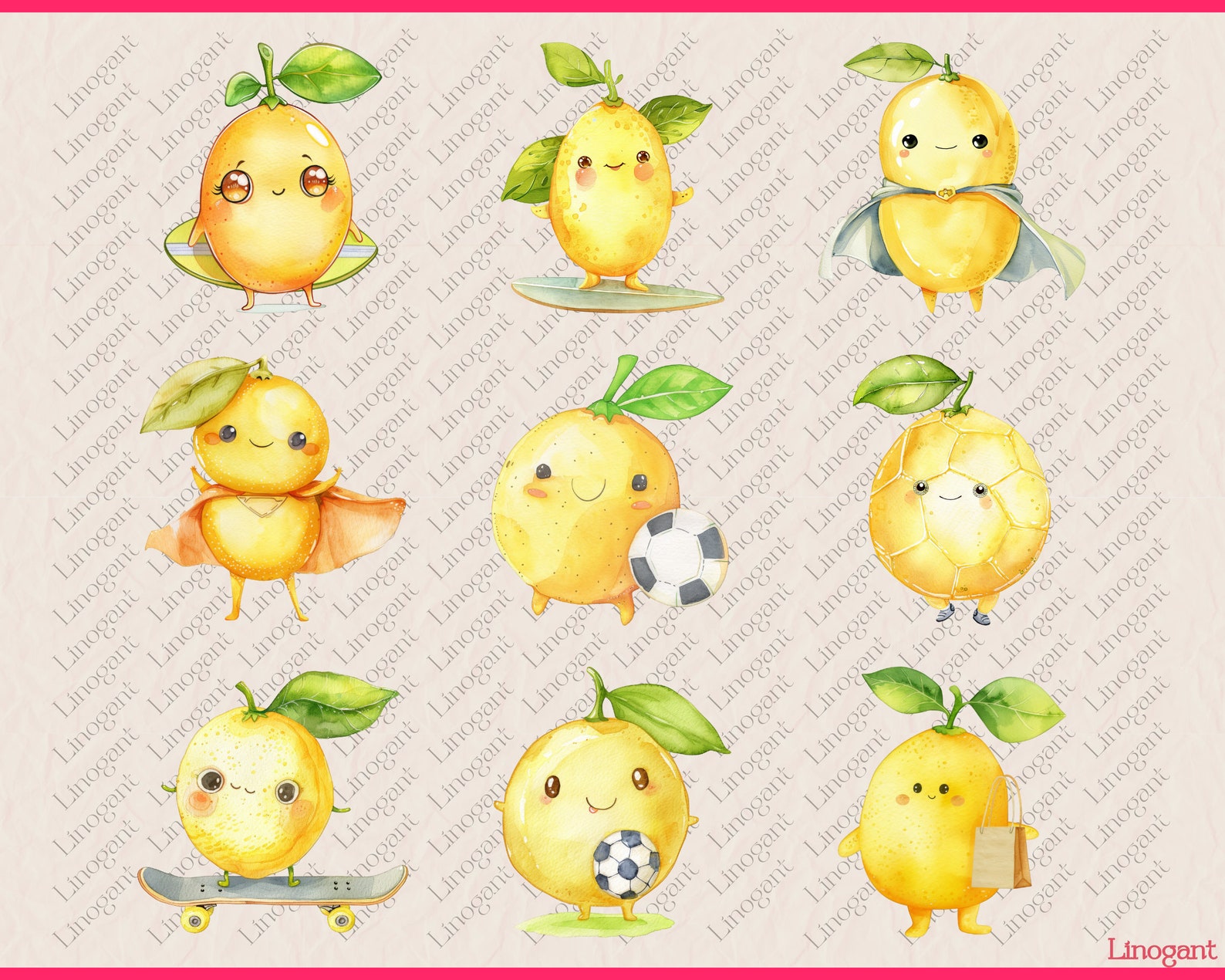 Watercolor Kawaii Lemon Clipart Bundle, Cute Fruits Clip Art Set, High ...