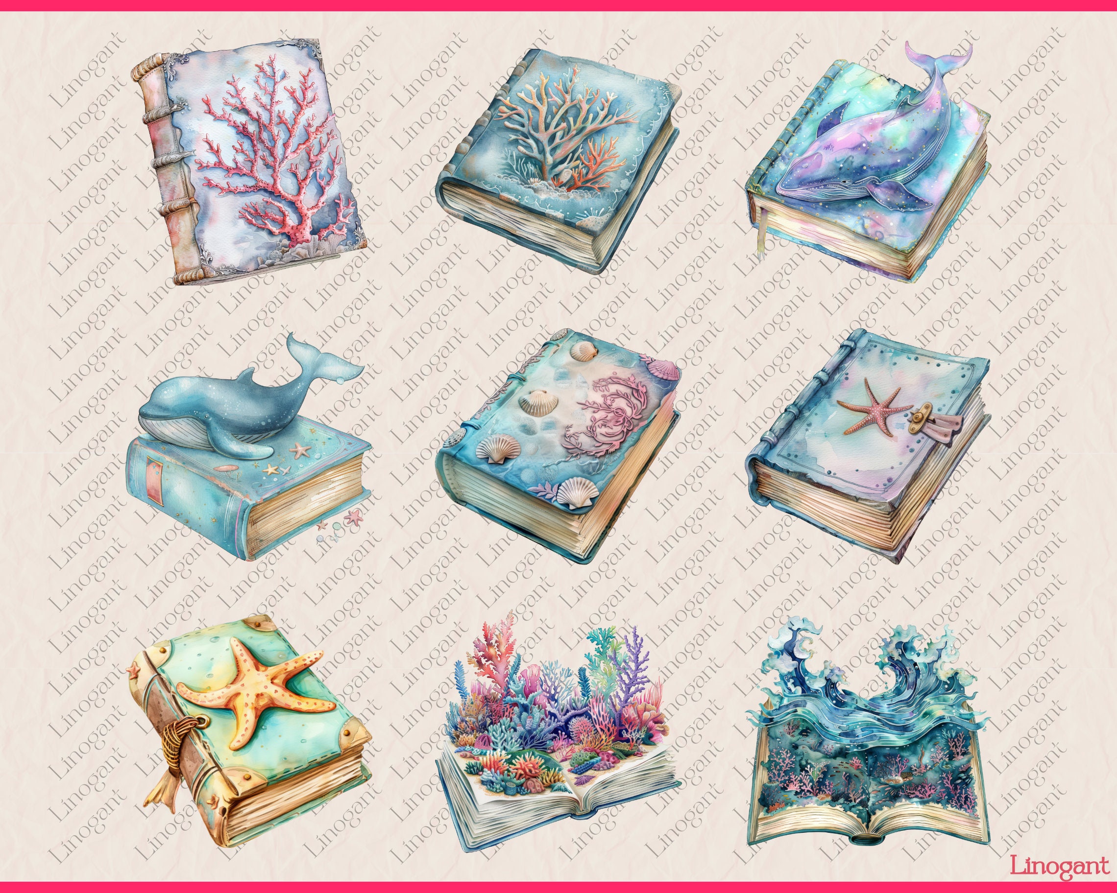 Watercolor Undersea Book Clipart Bundle, Grimoires Clip Art Set ...