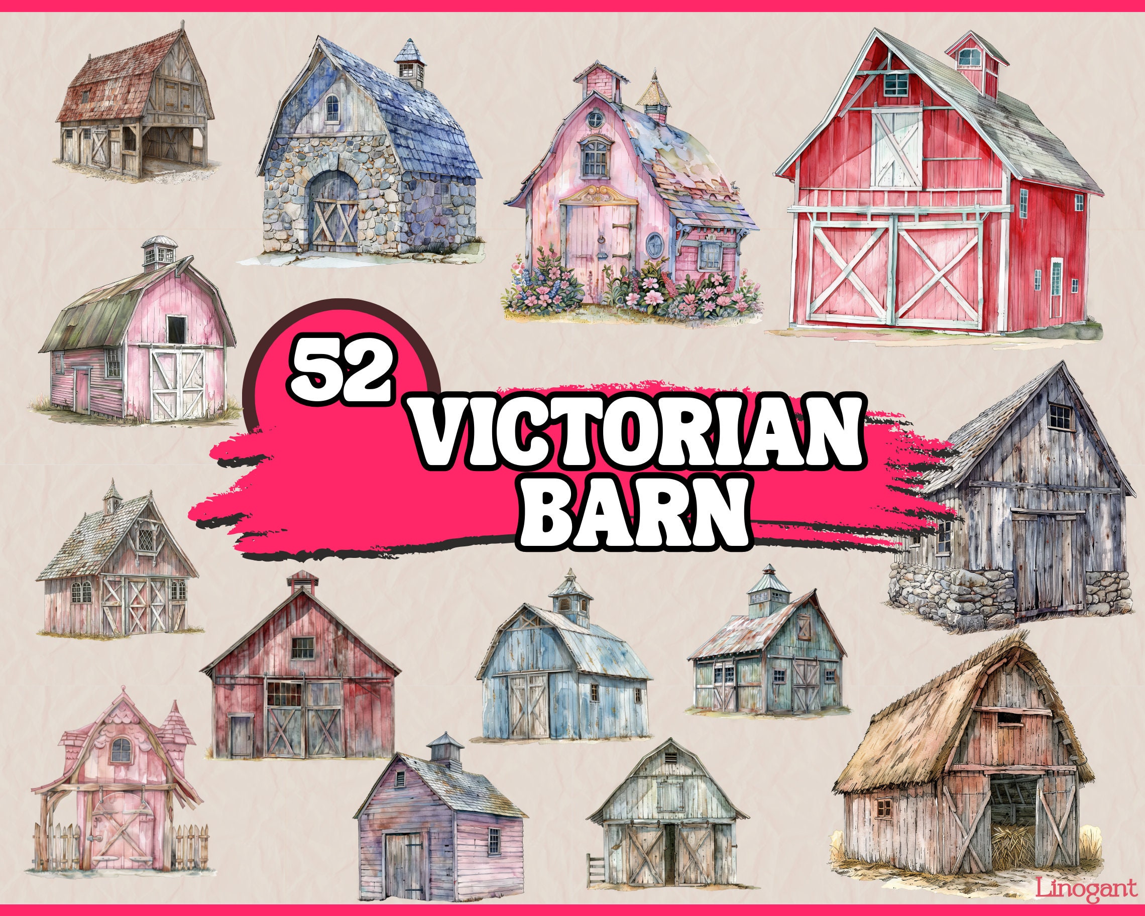 Watercolor Victorian Barn Clipart Bundle, Medieval Farm Clip Art Set ...