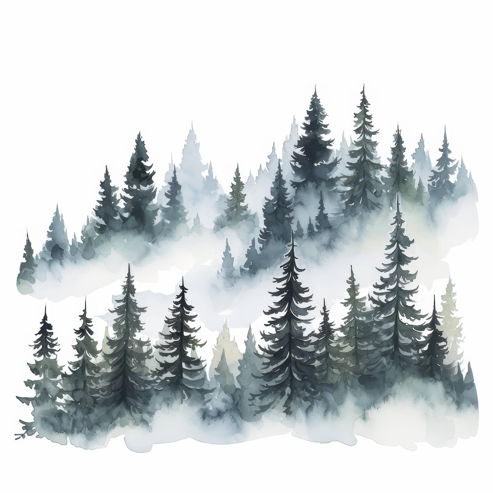 10 Foggy Pine Woods Watercolor Clipart, Misty Evergreen Forest ...