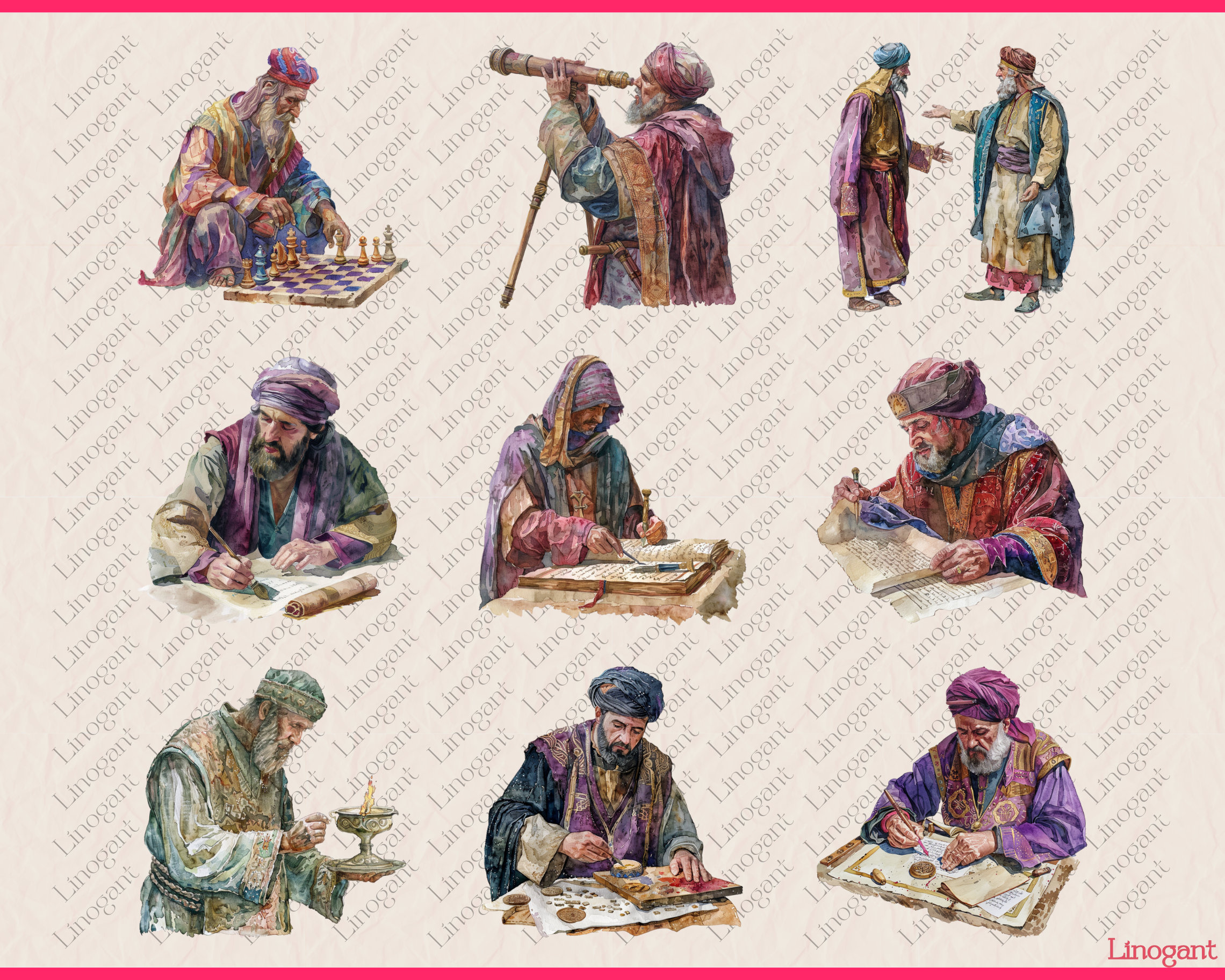Watercolor Medieval Vizier Clipart Bundle, Fantasy Middle Age Clip Art ...
