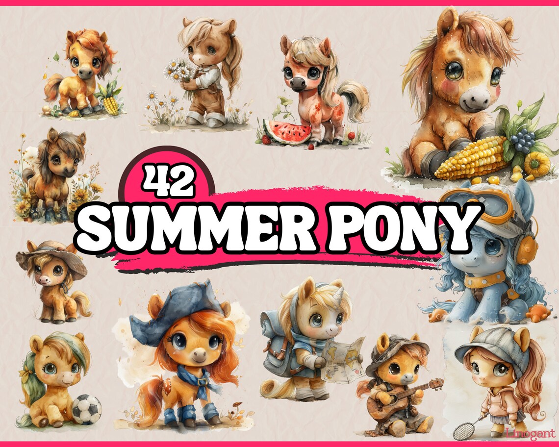 Watercolor Summer Pony Clipart Bundle, Ponies Clip Art Set, Baby Horse ...