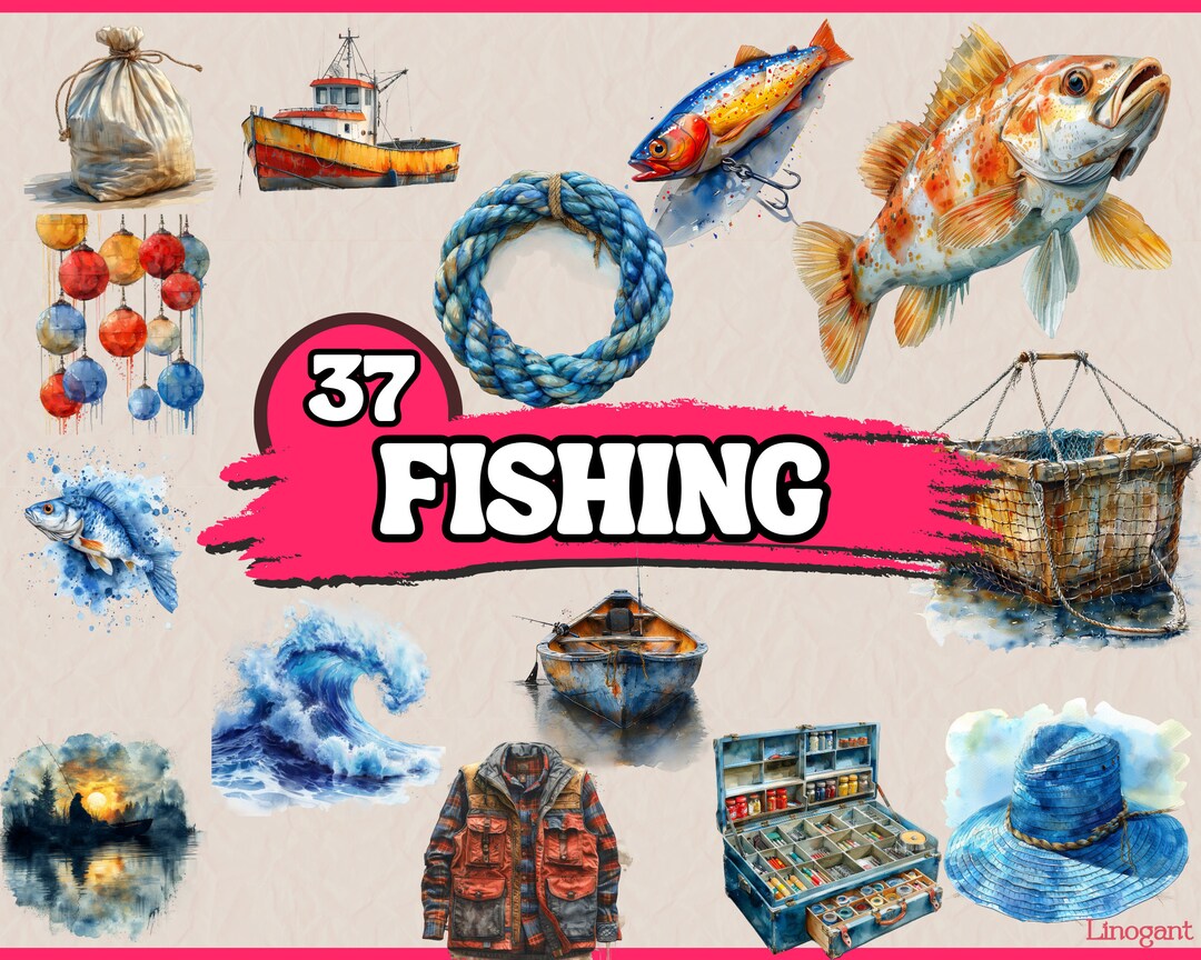 Watercolor Fishing Clipart Bundle, Fisherman Gear Clip Art Set, Lure ...