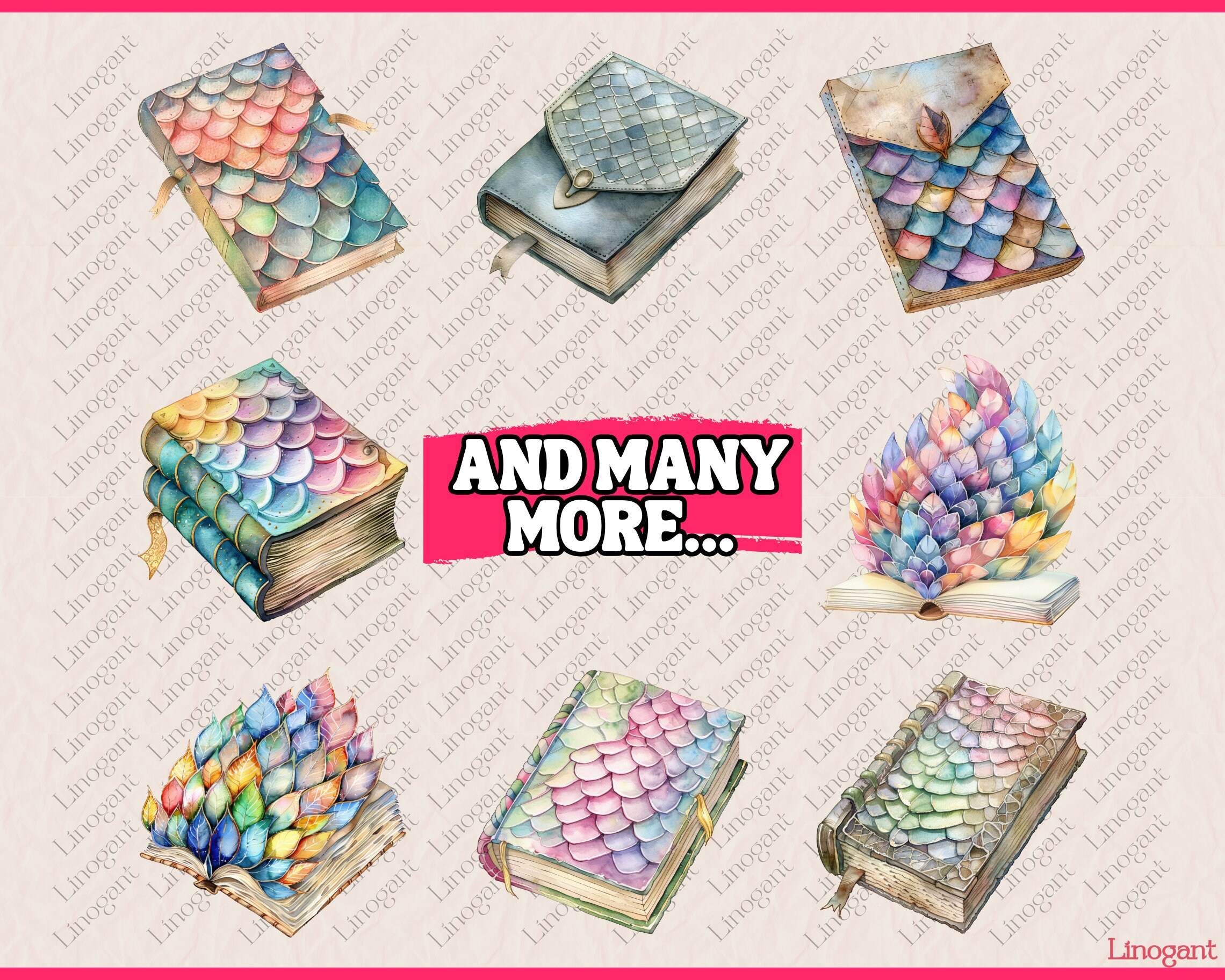 Watercolor Dragonscale Book Clipart Bundle, Grimoire Clip Art Set ...