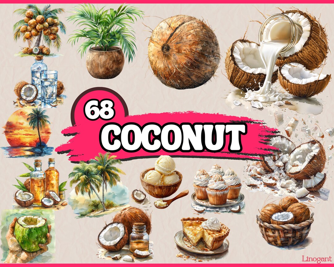Watercolor Coconut Clipart Bundle, Tropical Clip Art Set, Coconut Trees ...