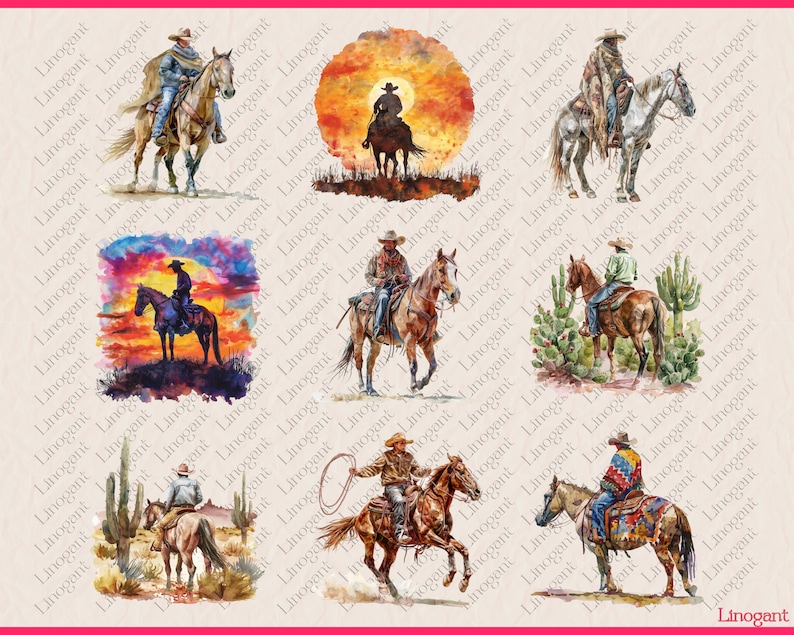 Watercolor Western Cowboy on Horse Clipart Bundle, Riding Horse Clip ...