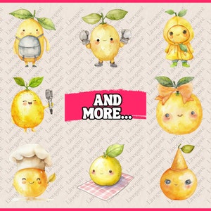 Watercolor Kawaii Lemon Clipart Bundle, Cute Fruits Clip Art Set, High ...