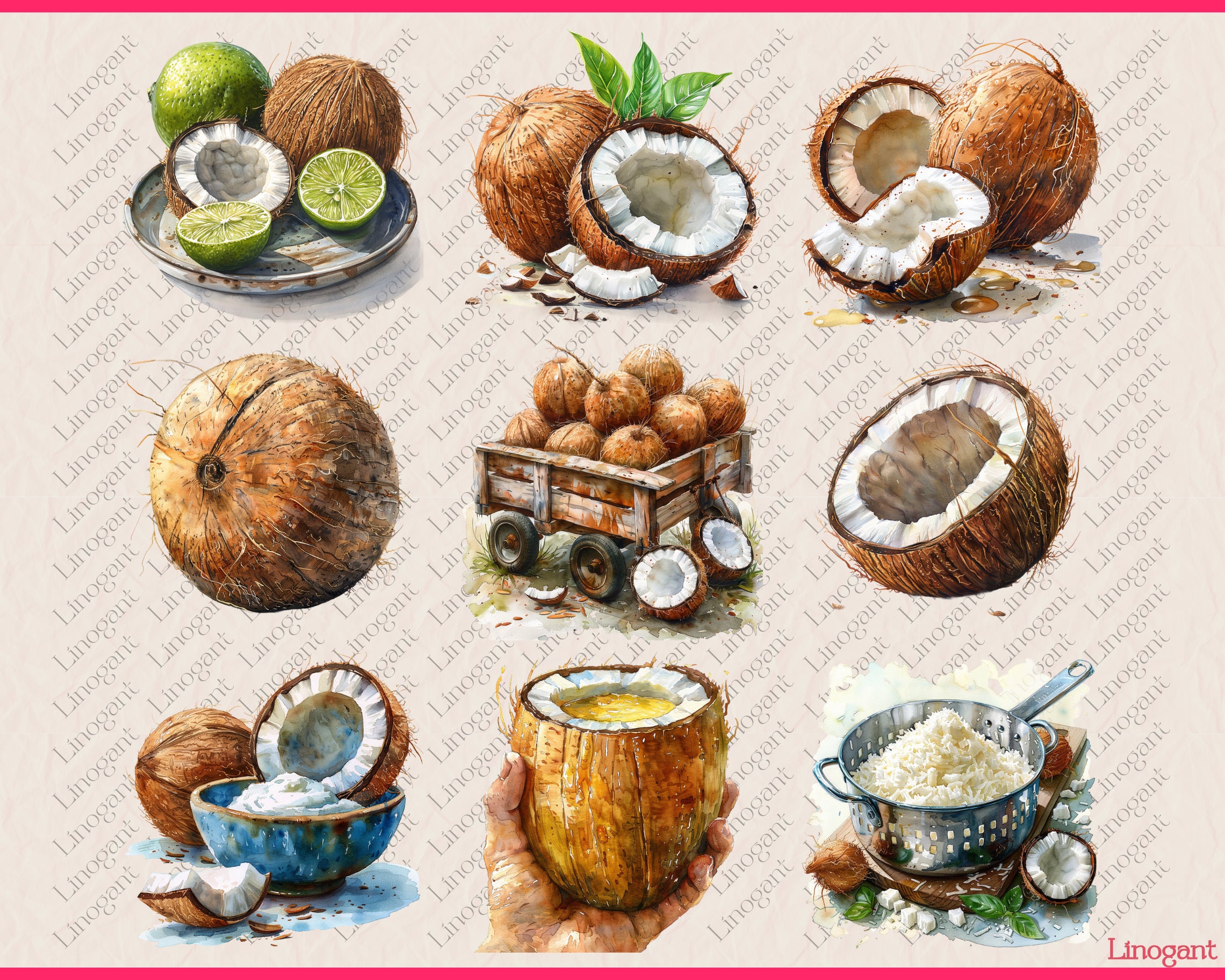Watercolor Coconut Clipart Bundle, Tropical Clip Art Set, Coconut Trees ...