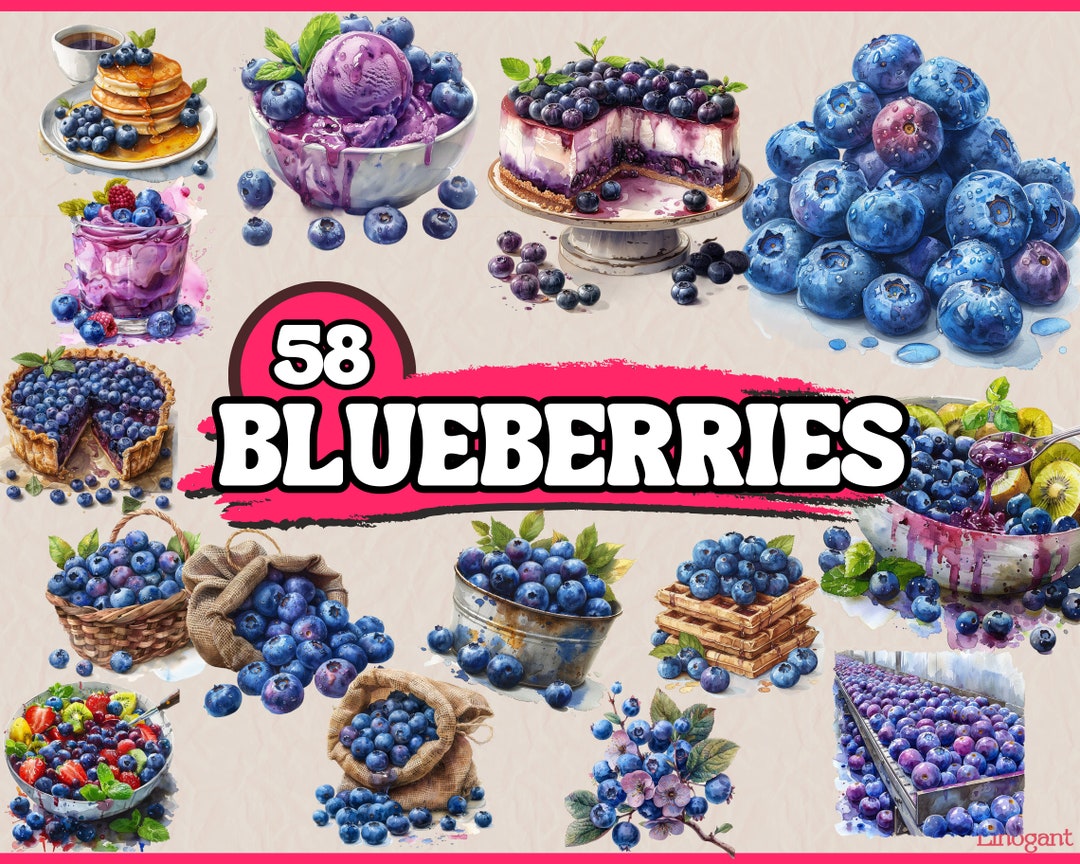 Watercolor Blueberry Clipart Bundle, Fruits Clip Art Set, Blue Berry ...