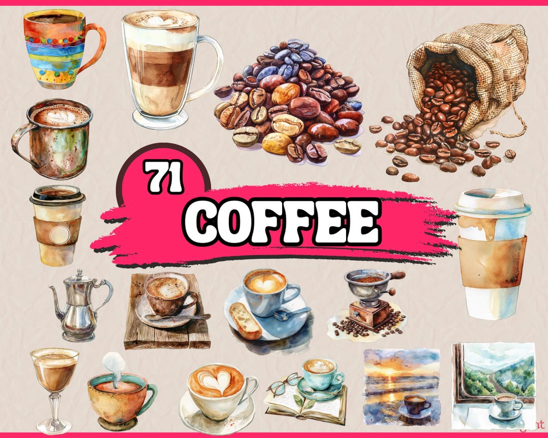 Watercolor Coffee Clipart Bundle PNG, Java Clip Art Set, Glass, Cup ...