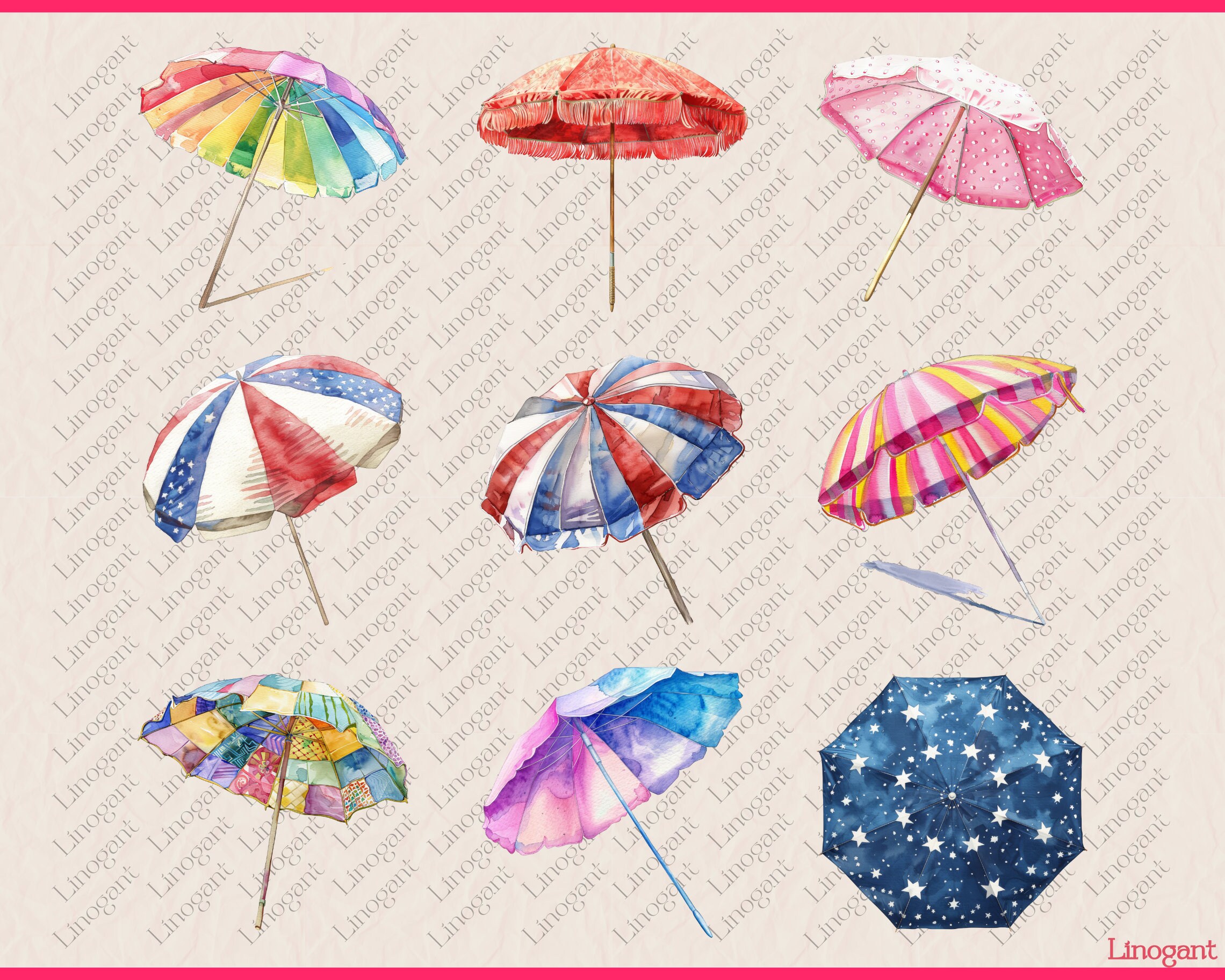 Watercolor Beach Umbrella Clipart Bundle, Sea Side Trip Clip Art Set ...