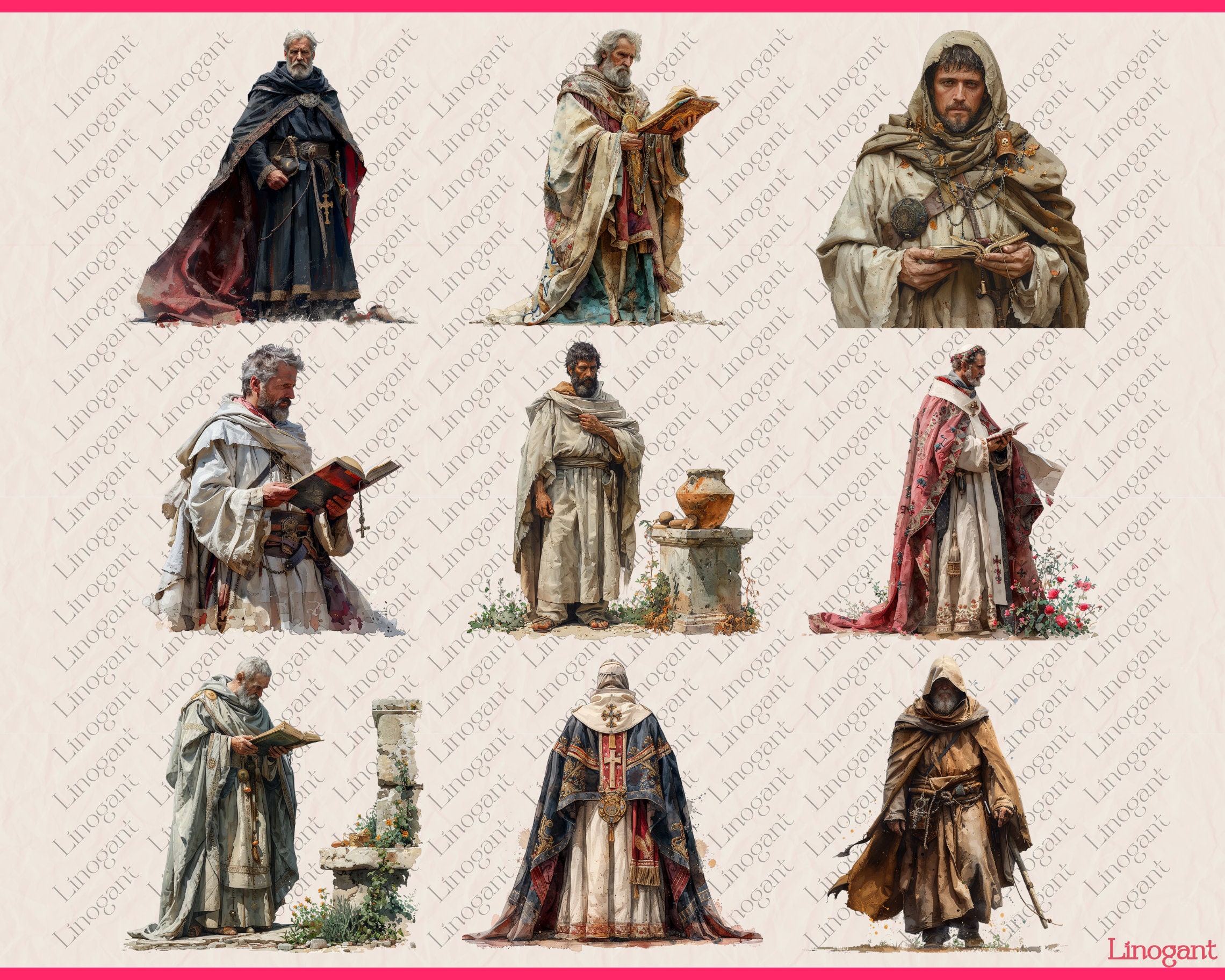 Watercolor Medieval Priest Clipart Bundle, Christianity Preacher Clip ...