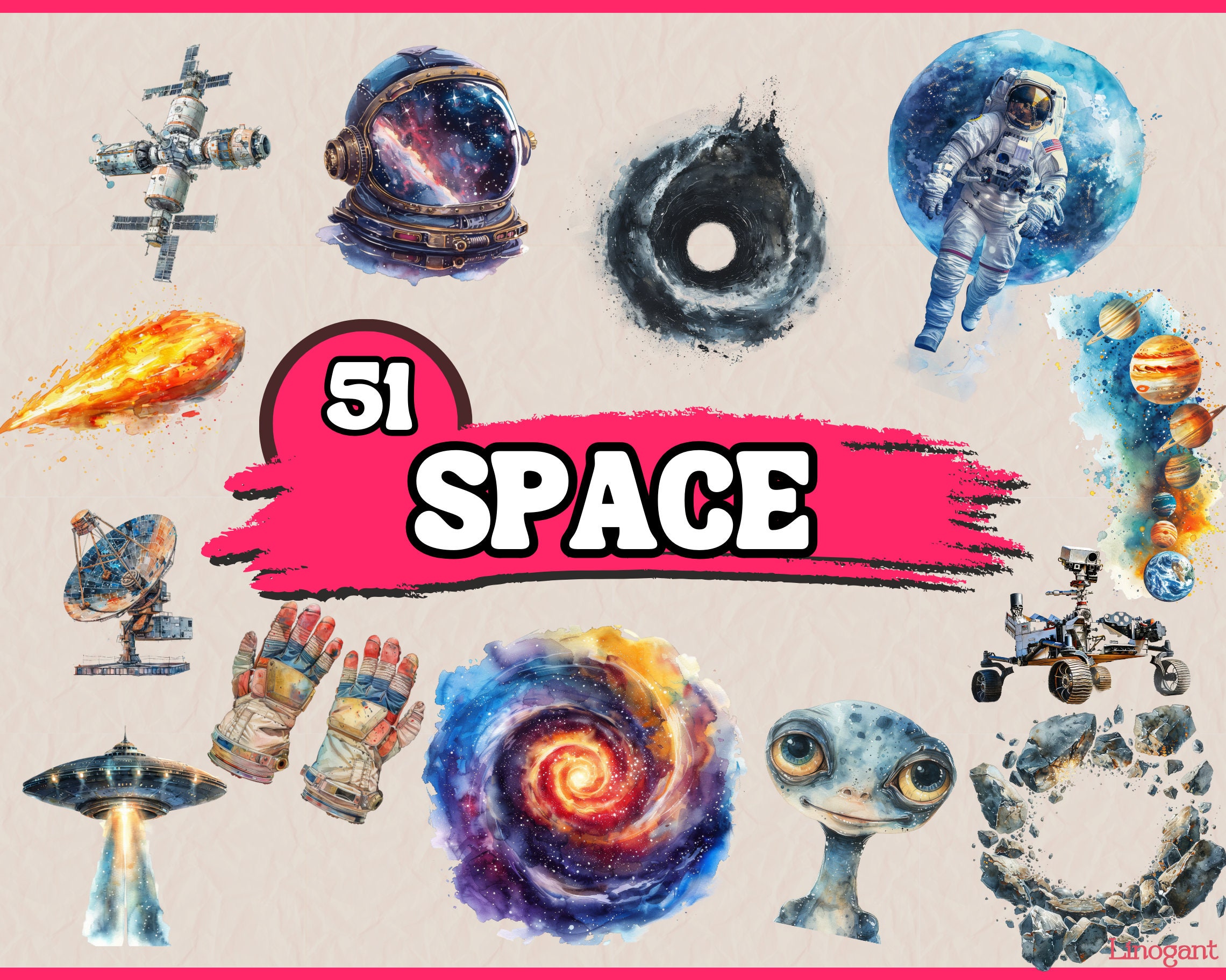 Watercolor Space Clipart Bundle, Outerspace Clip Art Set, Astronaut and ...
