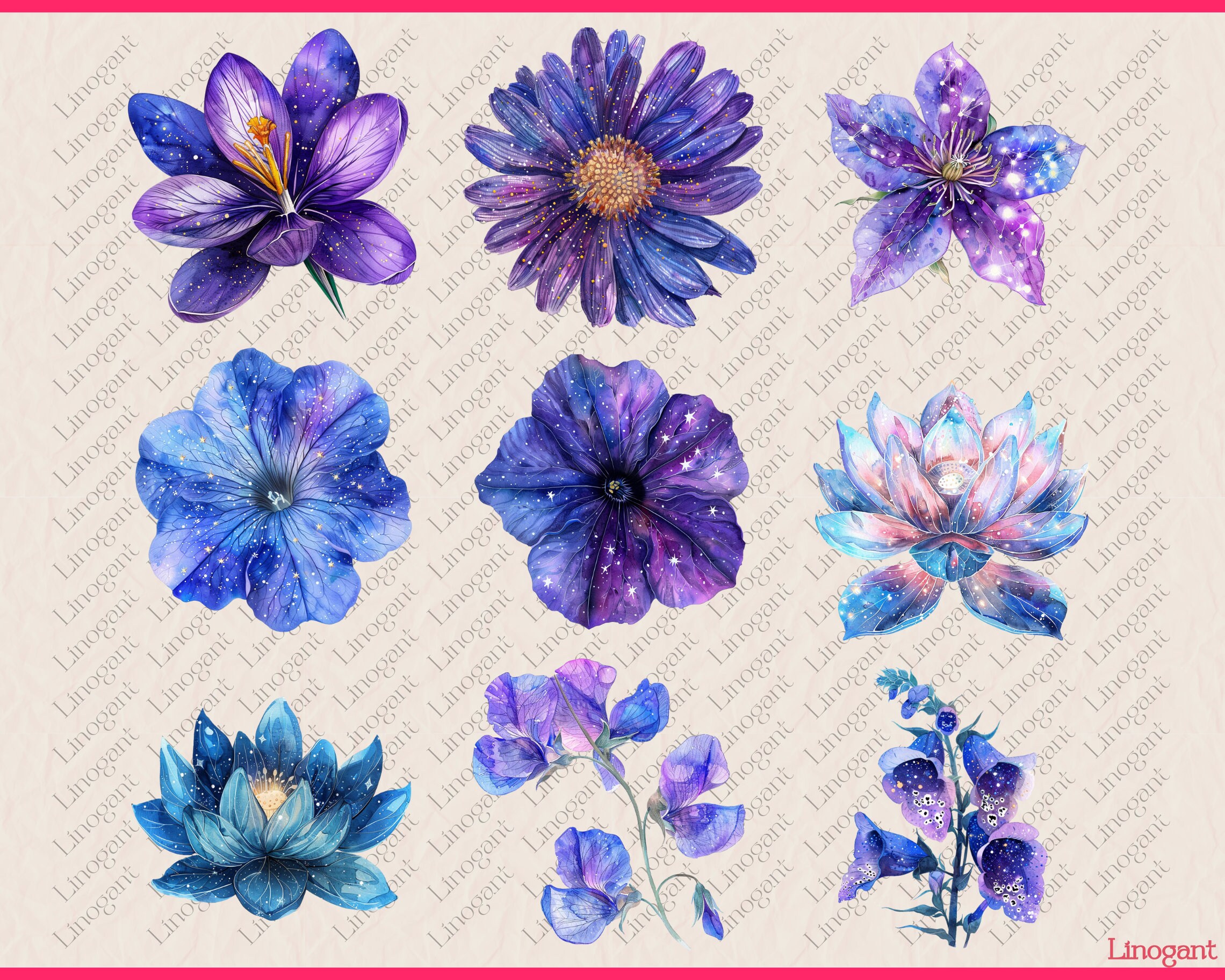 Watercolor Celestial Flowers Clipart Bundle, Cosmic Floral Clip Art Set ...