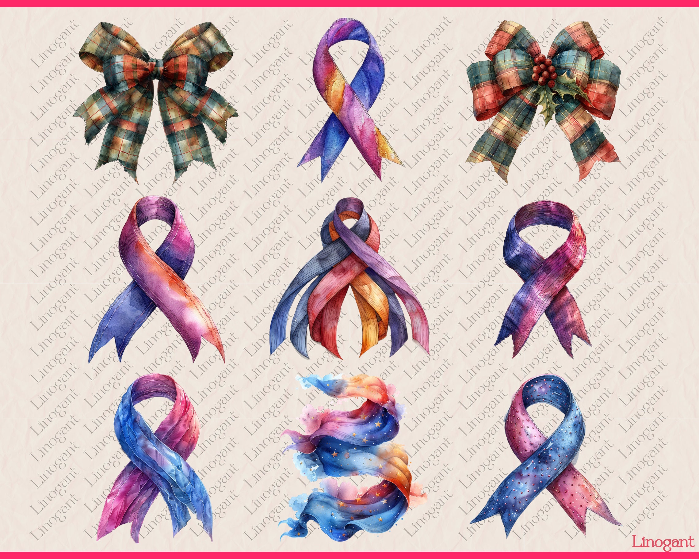Watercolor Ribbon Bow Clipart Bundle, Ribbons and Bows Colorful Clip ...