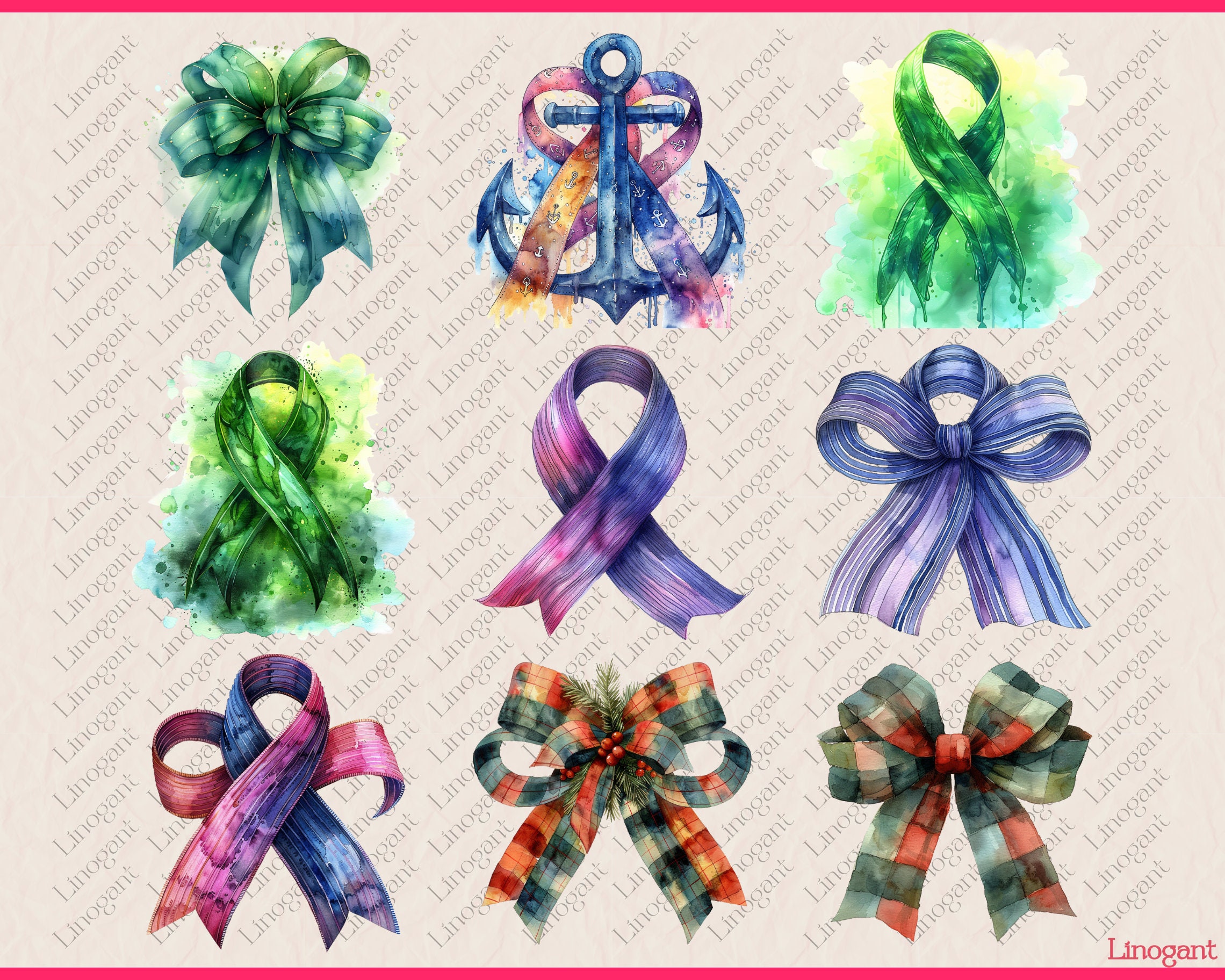 Watercolor Ribbon Bow Clipart Bundle, Ribbons and Bows Colorful Clip ...