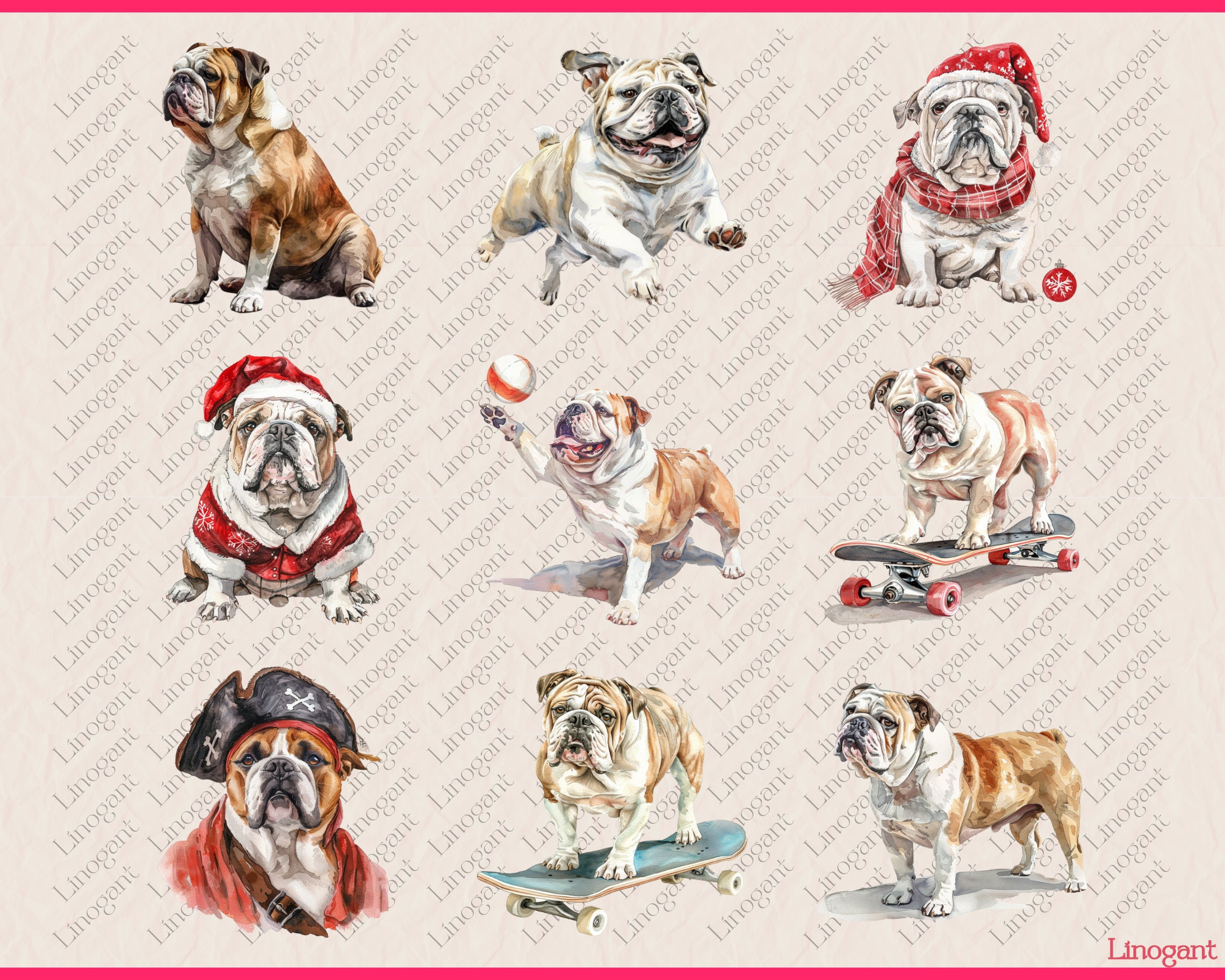 Watercolor English Bulldog Clipart Bundle, Dog Breeds Clip Art Set ...