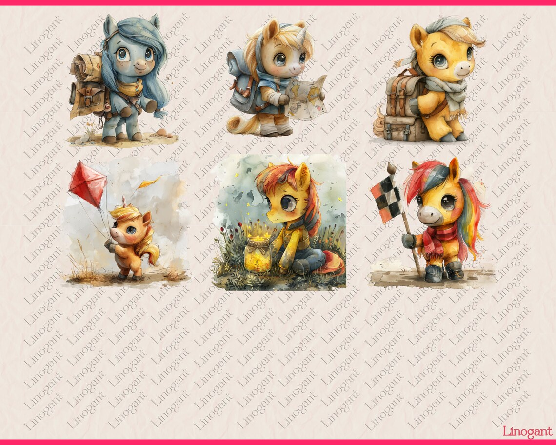 Watercolor Summer Pony Clipart Bundle, Ponies Clip Art Set, Baby Horse ...