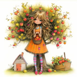 Whimsical Apple Girl Clip Art 10 High Res Watercolor Jpgs Junk ...