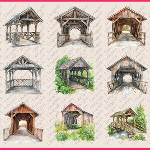 Watercolor Old Wooden Covered Bridge Clipart Bundle, Natural Scenery ...