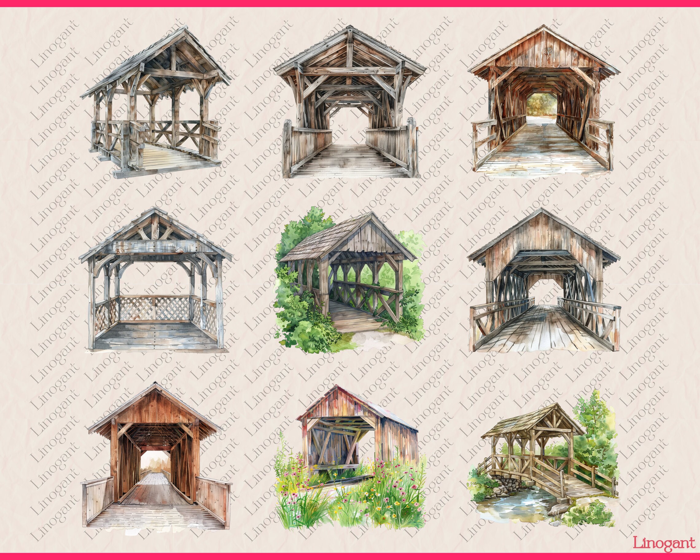 Watercolor Old Wooden Covered Bridge Clipart Bundle, Natural Scenery ...
