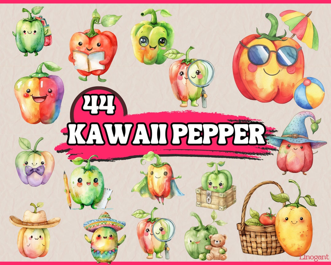 Watercolor Kawaii Pepper Clipart Bundle, Cute Vegetable Clip Art Set ...
