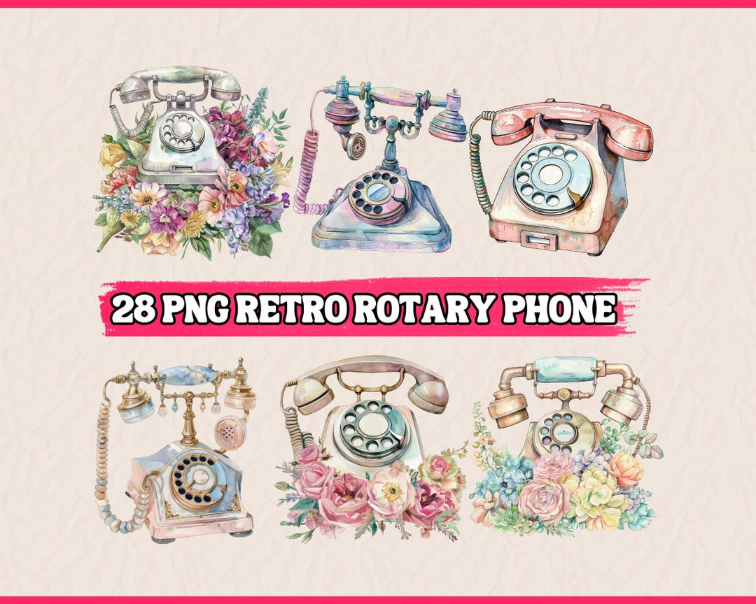 Watercolor Retro Rotary Phone Clipart, Nostalgic Phone Clip Art Set ...