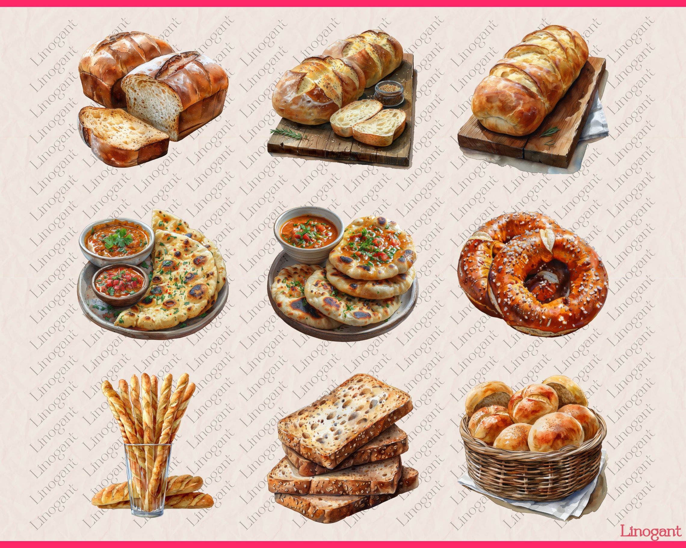 Watercolor Bread Clipart Bundle, Breakfast Food Clip Art Set, Bakery ...