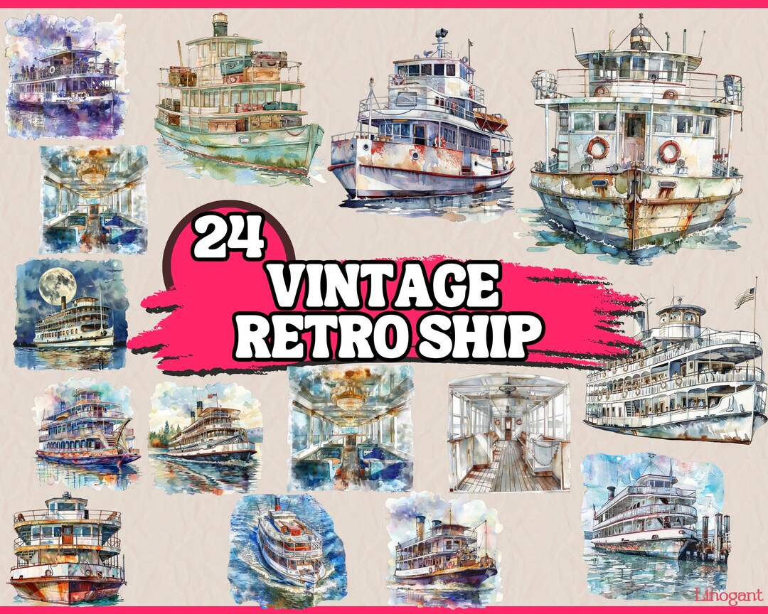 Watercolor Vintage Ship Clipart Bundle, Retro Old Vessel Clip Art Set ...
