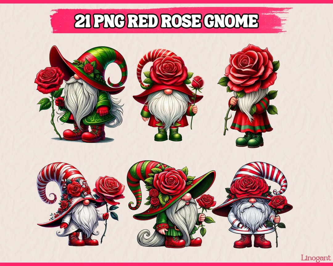 21 PNG Gnome With Flower Clipart, Cute Gnome, Red Rose Gnome Bundle ...