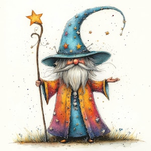 Quirky Starry Wizard Clip Art 14 High Res Watercolor Jpgs for Junk ...