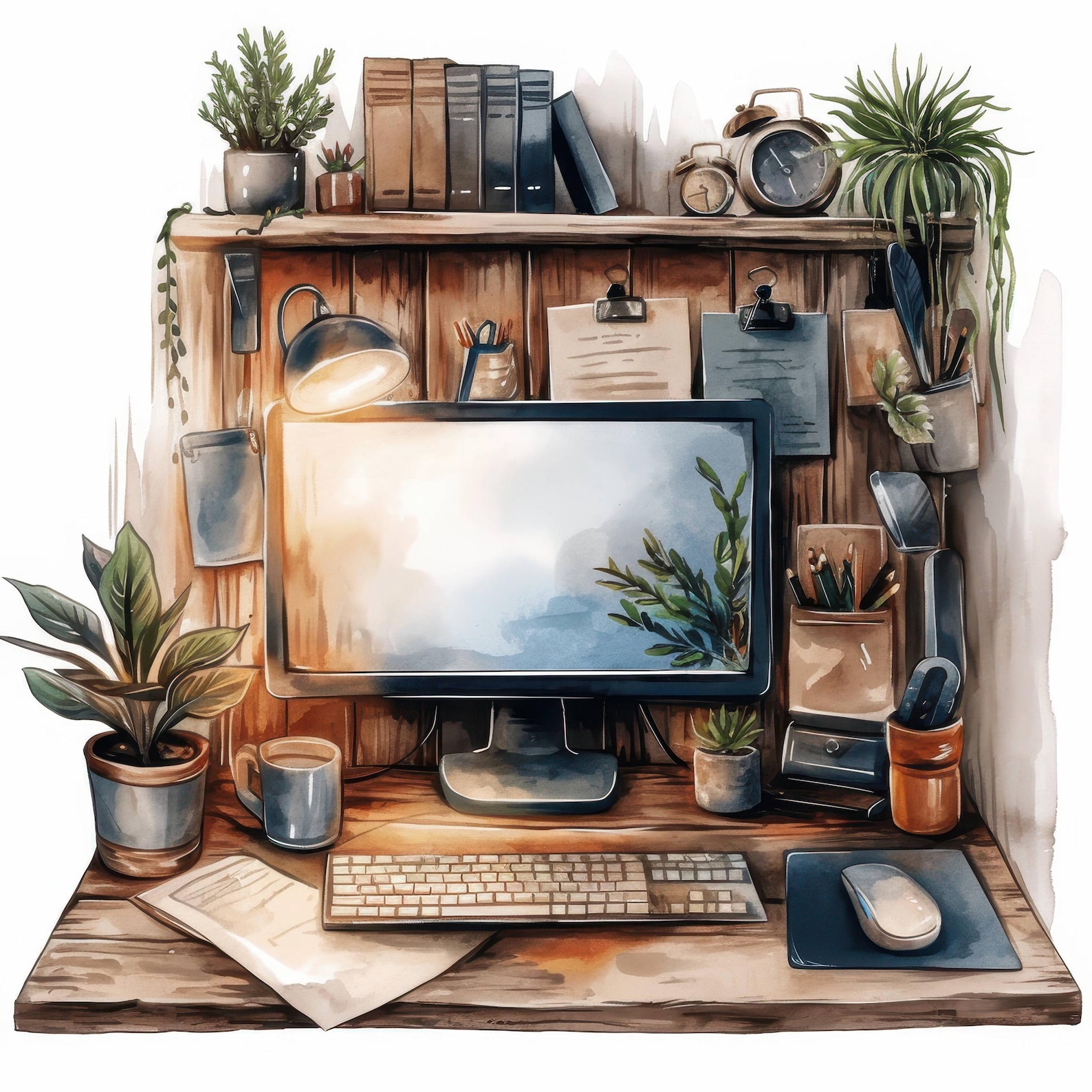 13 Office Work Clipart Bundle, Computer Desk Scene Illustration ...