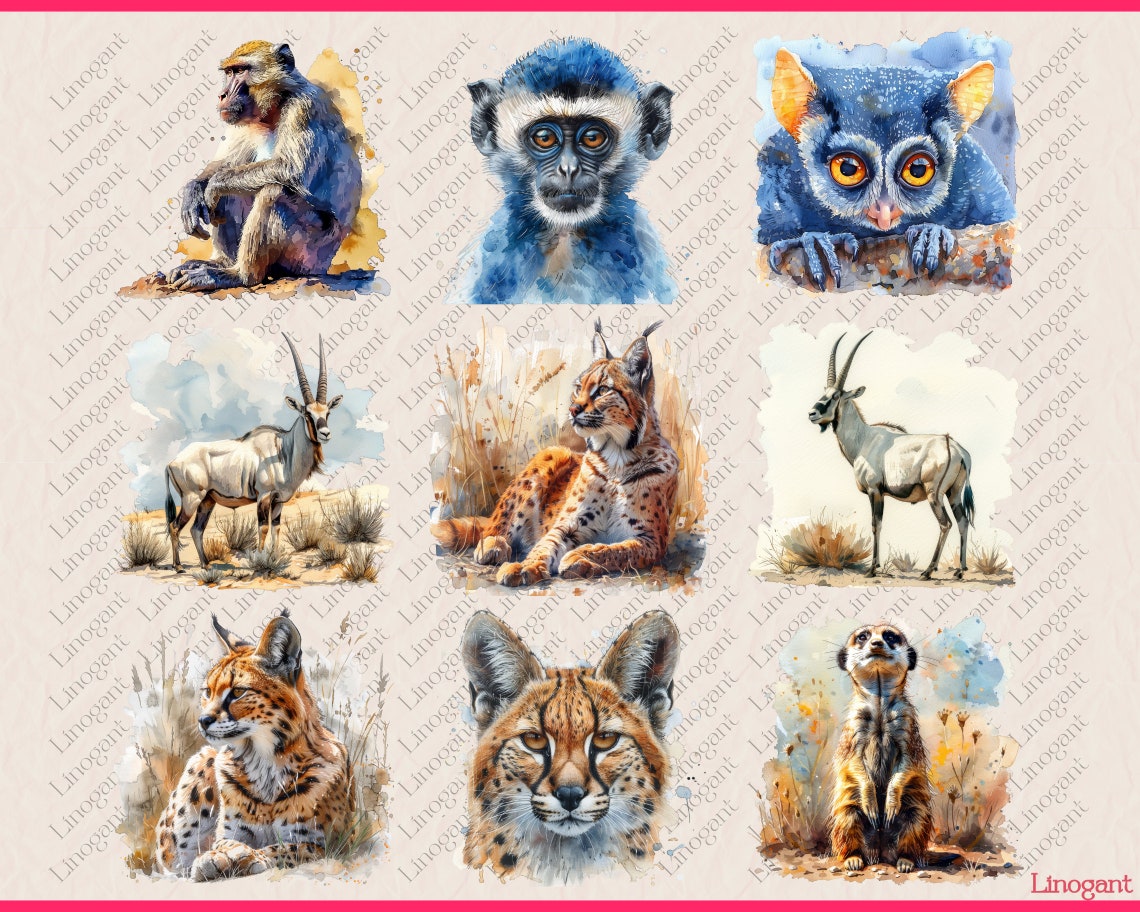 Watercolor Wild Safari Animals Clipart Bundle, Extreme Safari Travel ...