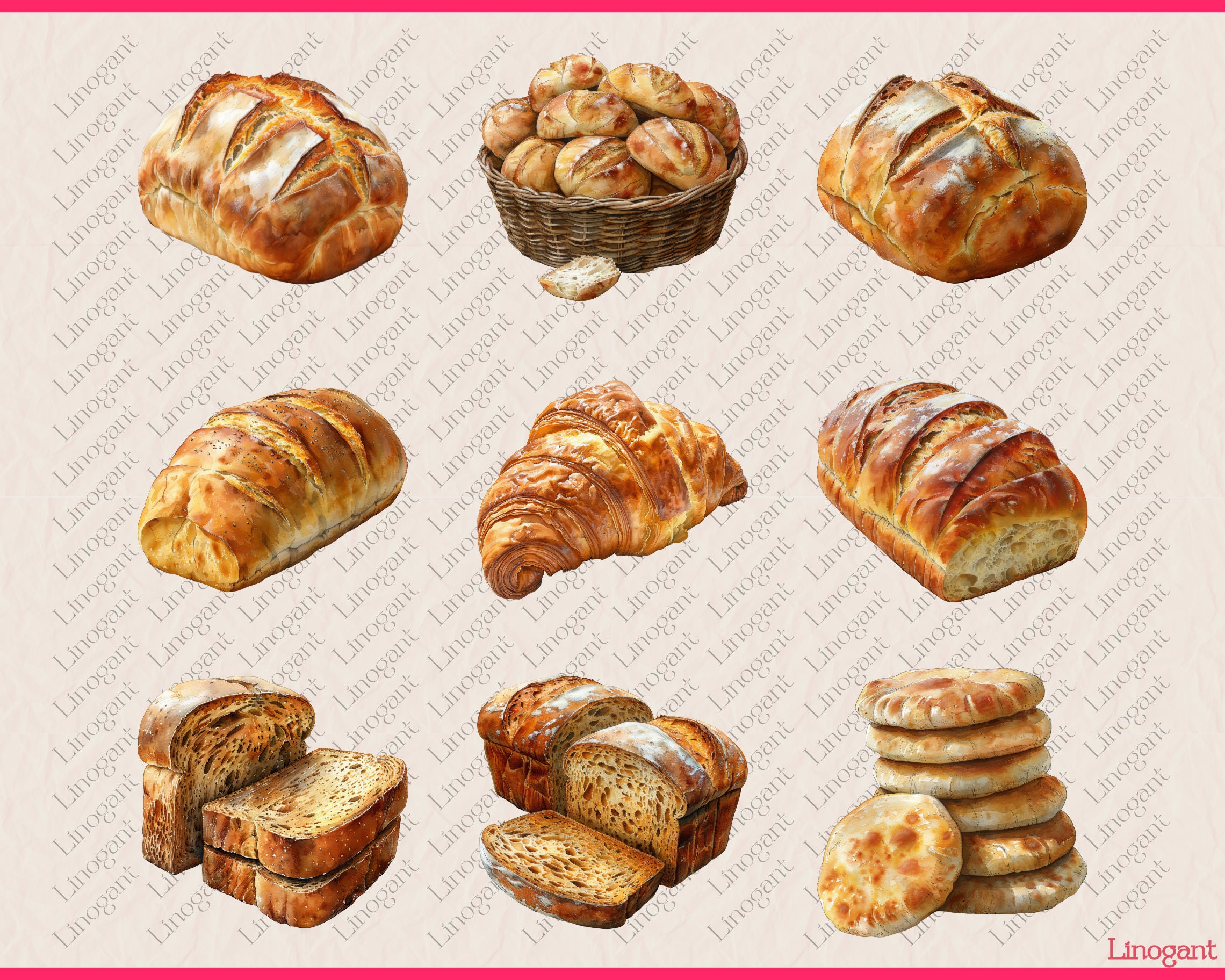 Watercolor Bread Clipart Bundle, Breakfast Food Clip Art Set, Bakery ...