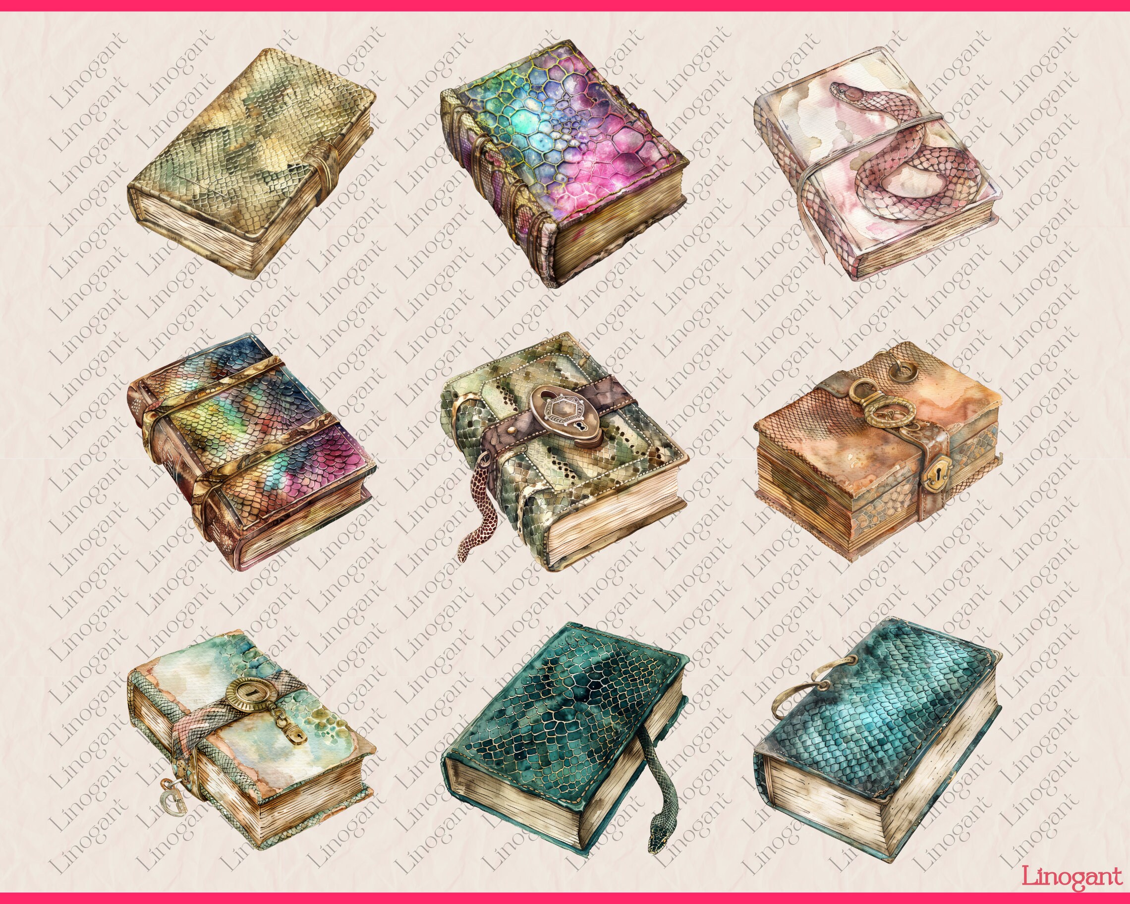 Watercolor Snakeskin Book Clipart Bundle, Grimoires Clip Art Set ...
