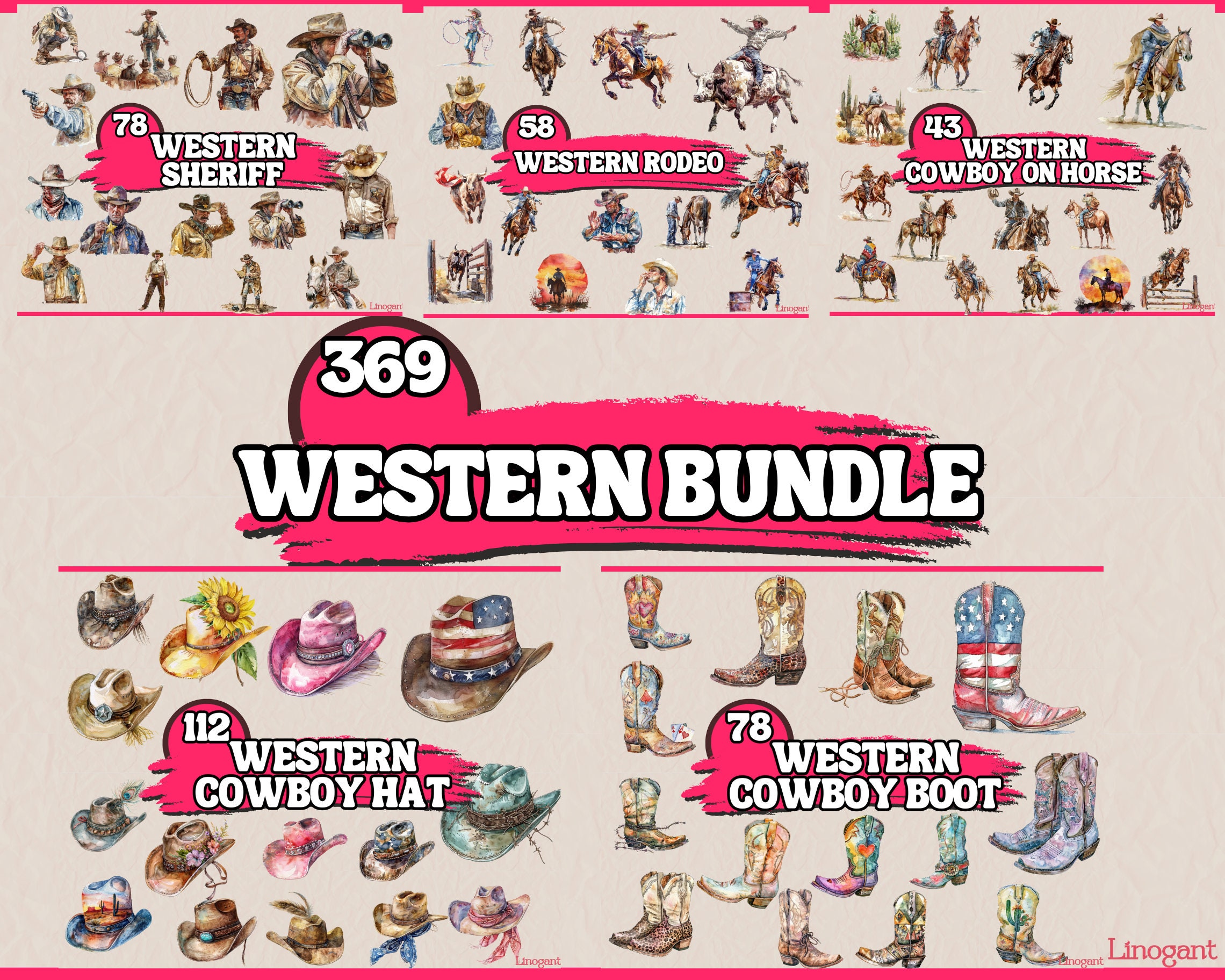 Watercolor Western Clipart Bundle, Rodeo, Sheriff, Cowboy, Cowgirl, Hat ...