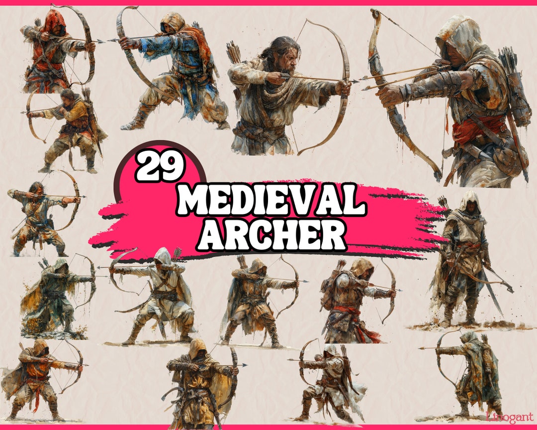 Watercolor Medieval Archer Clipart Bundle, Historical Bowman Clip Art ...
