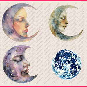Watercolor 25 PNG Mystical Moon Clipart Bundle, Whimsical Lunar Clip ...