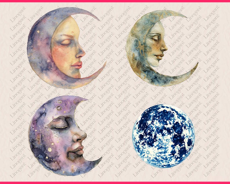 Watercolor 25 PNG Mystical Moon Clipart Bundle, Whimsical Lunar Clip ...