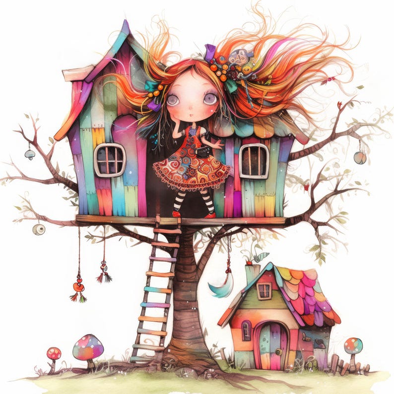Quirky Treehouse Clip Art 10 High Res Watercolor Jpgs Junk Journals ...
