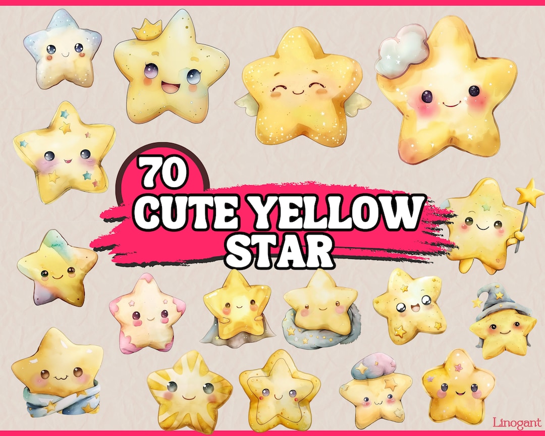 Watercolor Cute Yellow Star Clipart Bundle, Kawaii Nursery Decor Clip ...