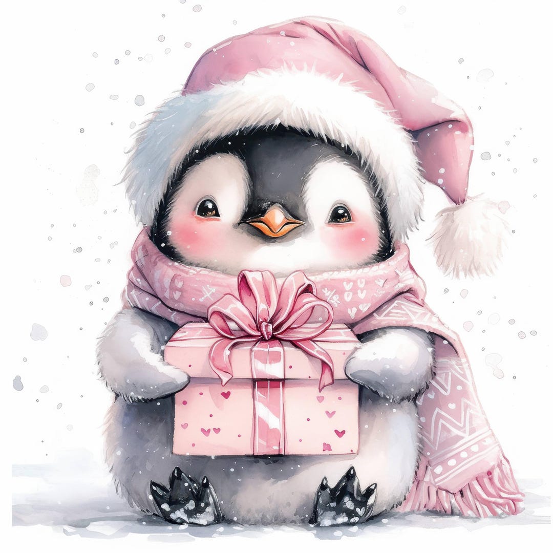 10 Festive Winter Penguin Clipart Bundle, Pink Winter Illustration ...