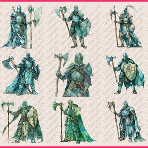 36 PNG Watercolor Medieval Knights With Axe, Teal Clipart Bundle ...