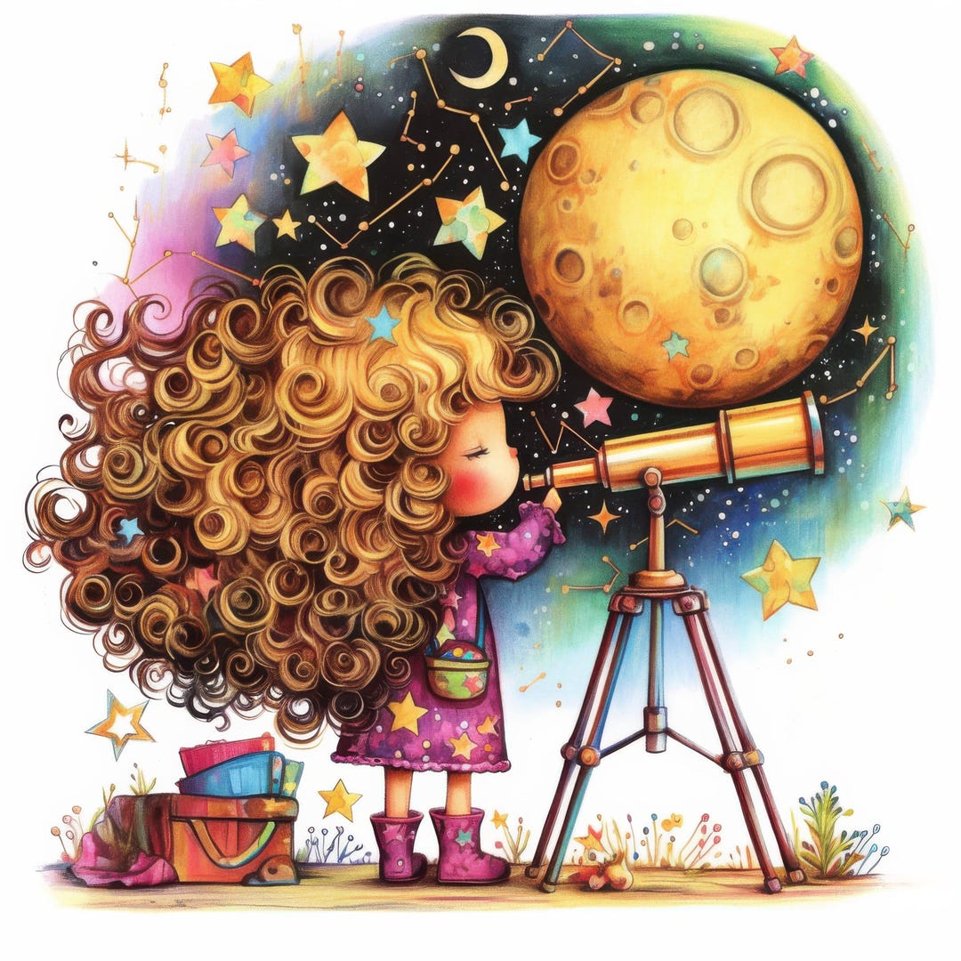 Whimsical Stargazer Girl Clip Art 10 High Res Watercolor Jpgs for Junk ...