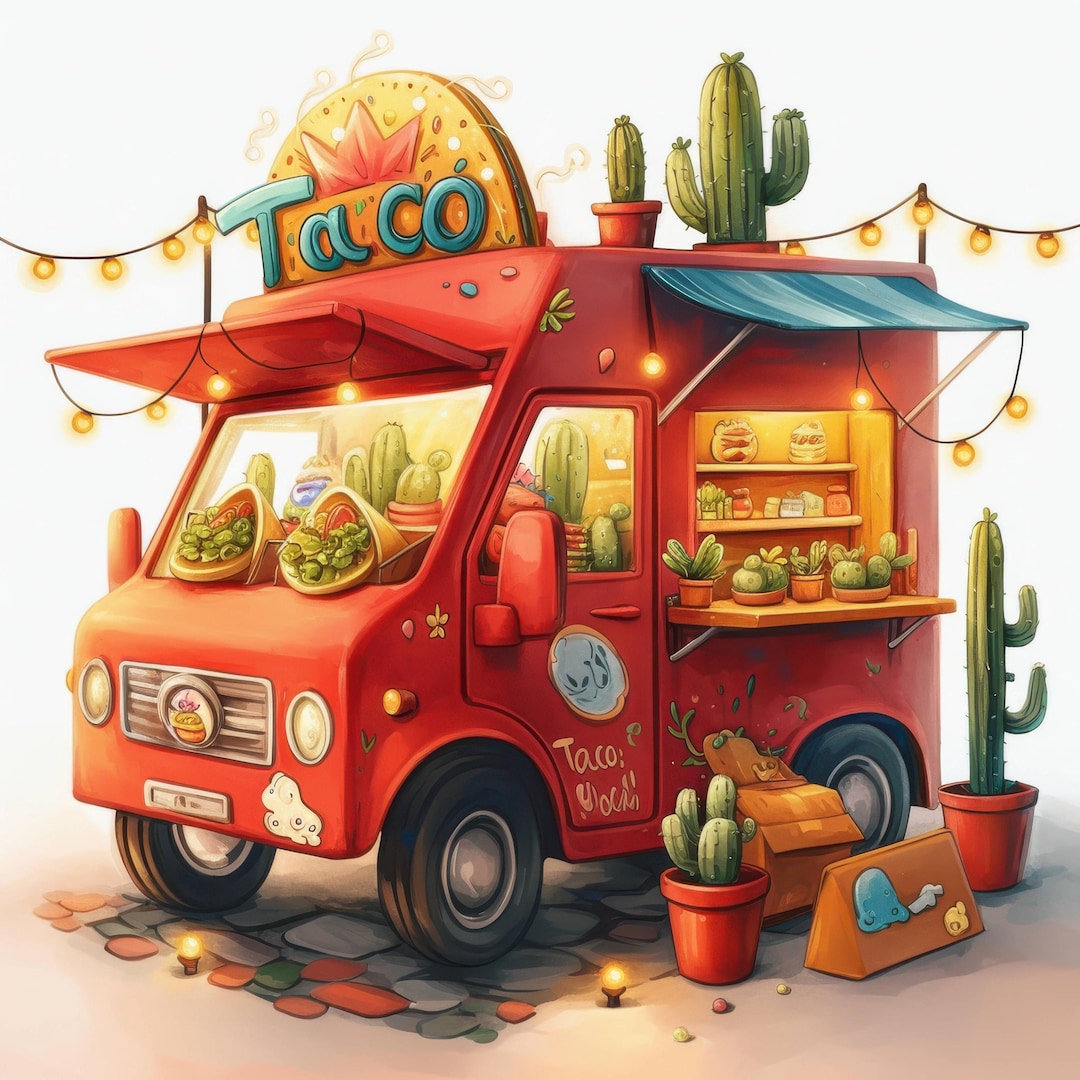 Red Taco Truck Clip Art 10 High Res Watercolor Jpgs Junk Journaling ...