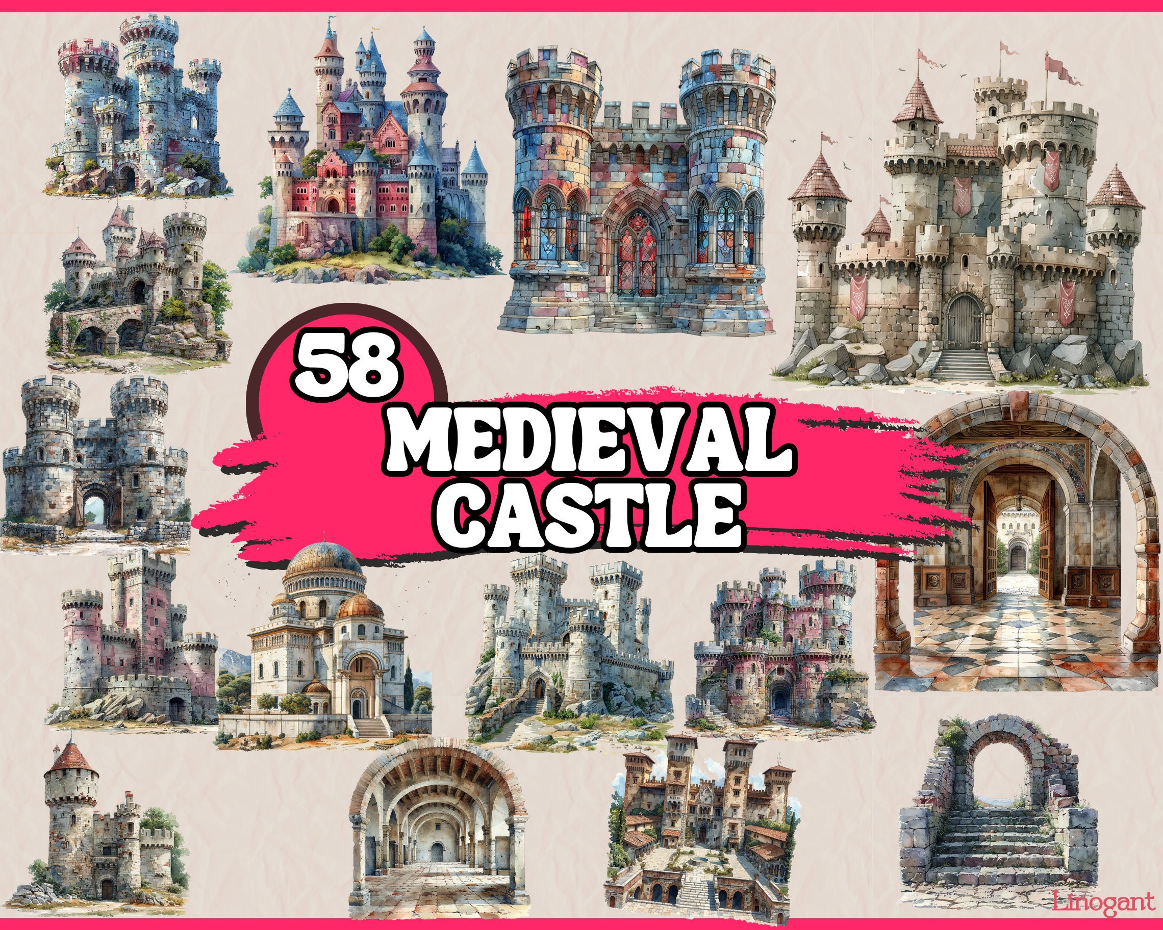 Watercolor Medieval Castle Clipart Bundle,middle Age Historical ...